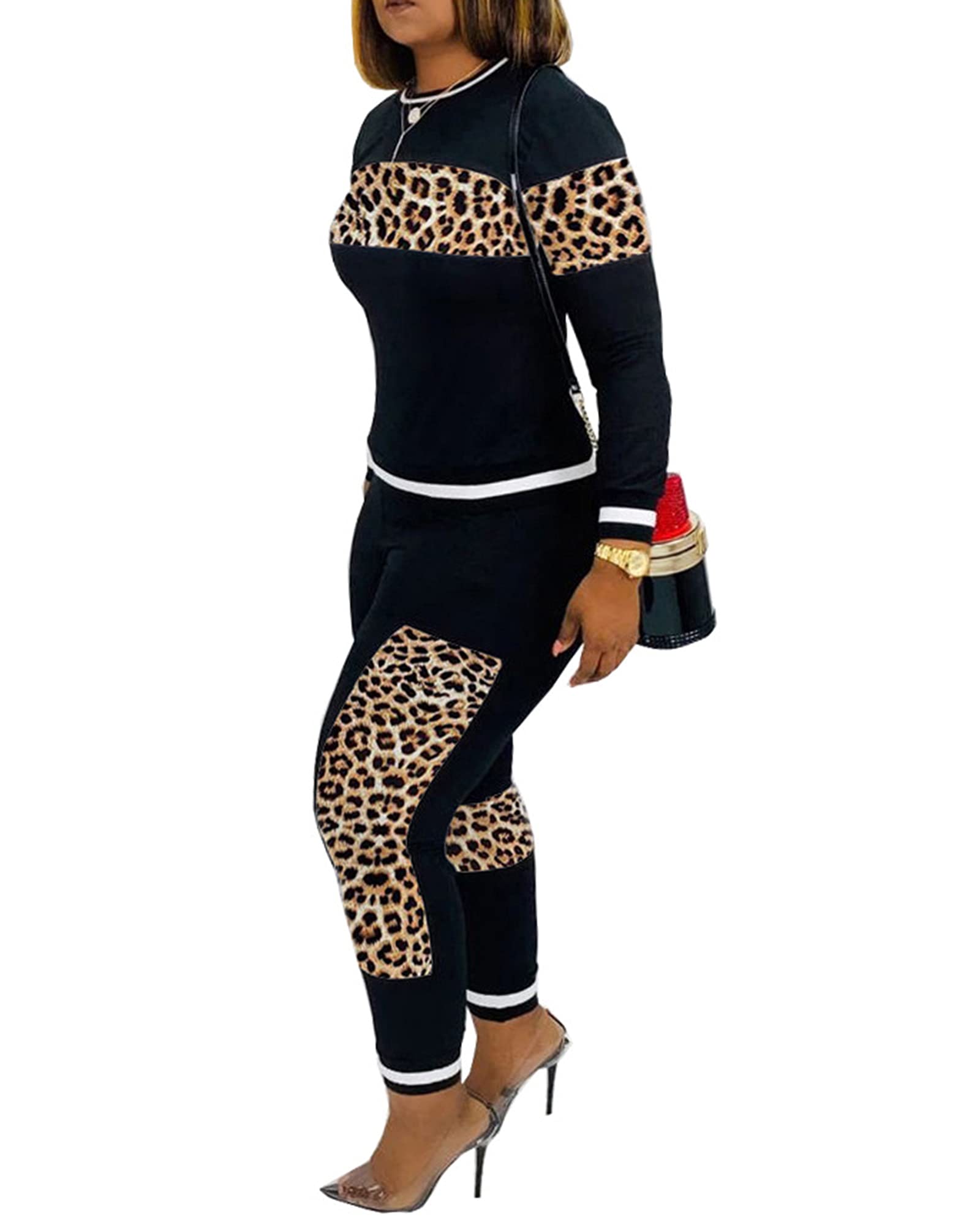 Alunzoem Womens Casual 2 Piece Outfits, Leopard Print Long Sleeve Top Pants Set Tracksuits Black XL