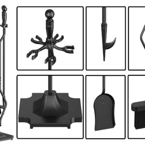 Fire Beauty Fireplace Tools Set 5 Pieces Wrought Iron Fireset Fire Pit Poker Wood Stove Log Tongs Holder Fireplace Tool Set with Pedestal Place