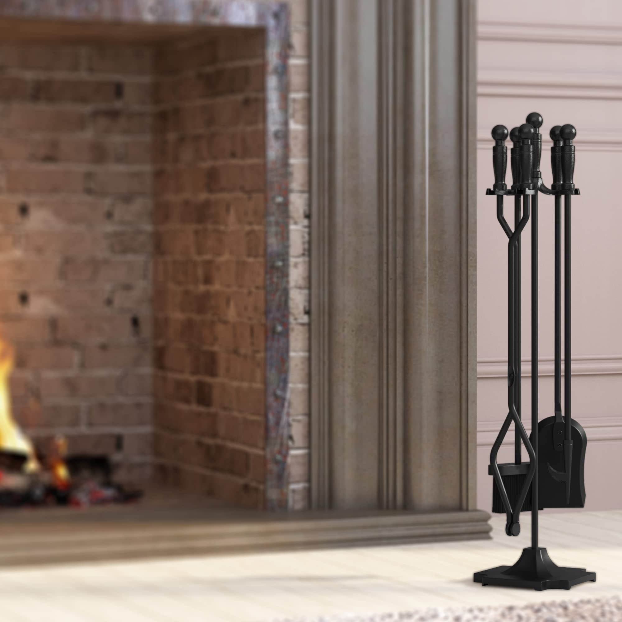 Fire Beauty Fireplace Tools Set 5 Pieces Wrought Iron Fireset Fire Pit Poker Wood Stove Log Tongs Holder Fireplace Tool Set with Pedestal Place