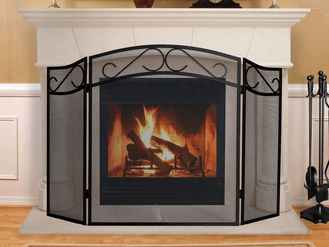 Fire Beauty Fireplace Screen for Wood Burning Fireplace Foldable 3 Panel Wrought Iron Fireplace Cover with Protective Mesh Fire Spark Guard for Indoor Outdoor Flat Guard Fire Screens Black(Large)