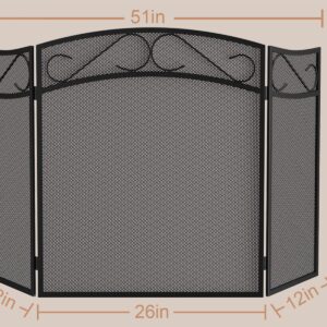 Fire Beauty Fireplace Screen for Wood Burning Fireplace Foldable 3 Panel Wrought Iron Fireplace Cover with Protective Mesh Fire Spark Guard for Indoor Outdoor Flat Guard Fire Screens Black(Large)