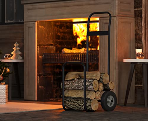 Fire Beauty Firewood Log Cart Carrier, Outdoor and Indoor Wood Rack Storage Mover, Rolling Dolly Hauler