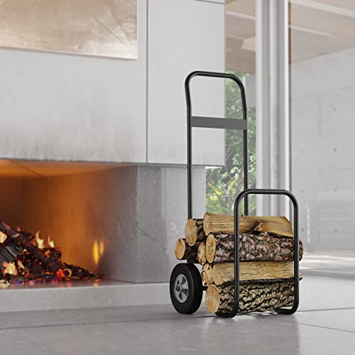 Fire Beauty Firewood Log Cart Carrier, Outdoor and Indoor Wood Rack Storage Mover, Rolling Dolly Hauler