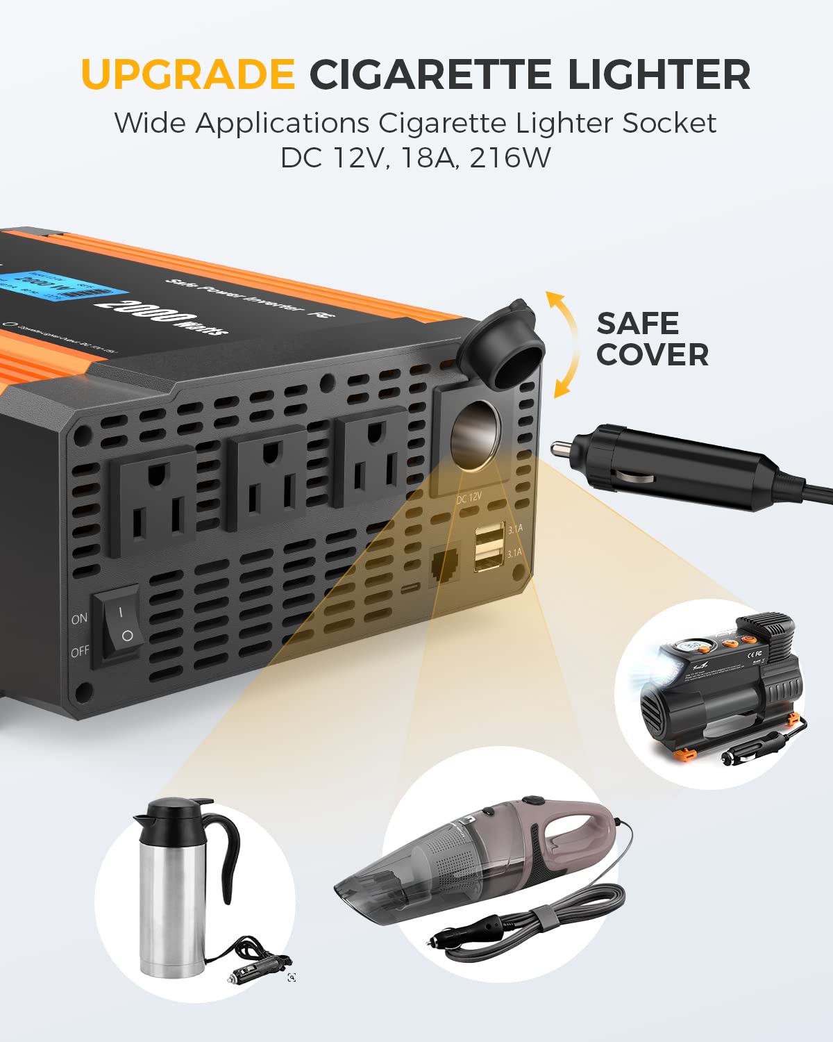 Ampeak 2000W Power Inverter with Remote 3AC Outlets 6.2A USB Ports Inverter DC 12V to AC 110V 17 Protections Inverter for Vehicles