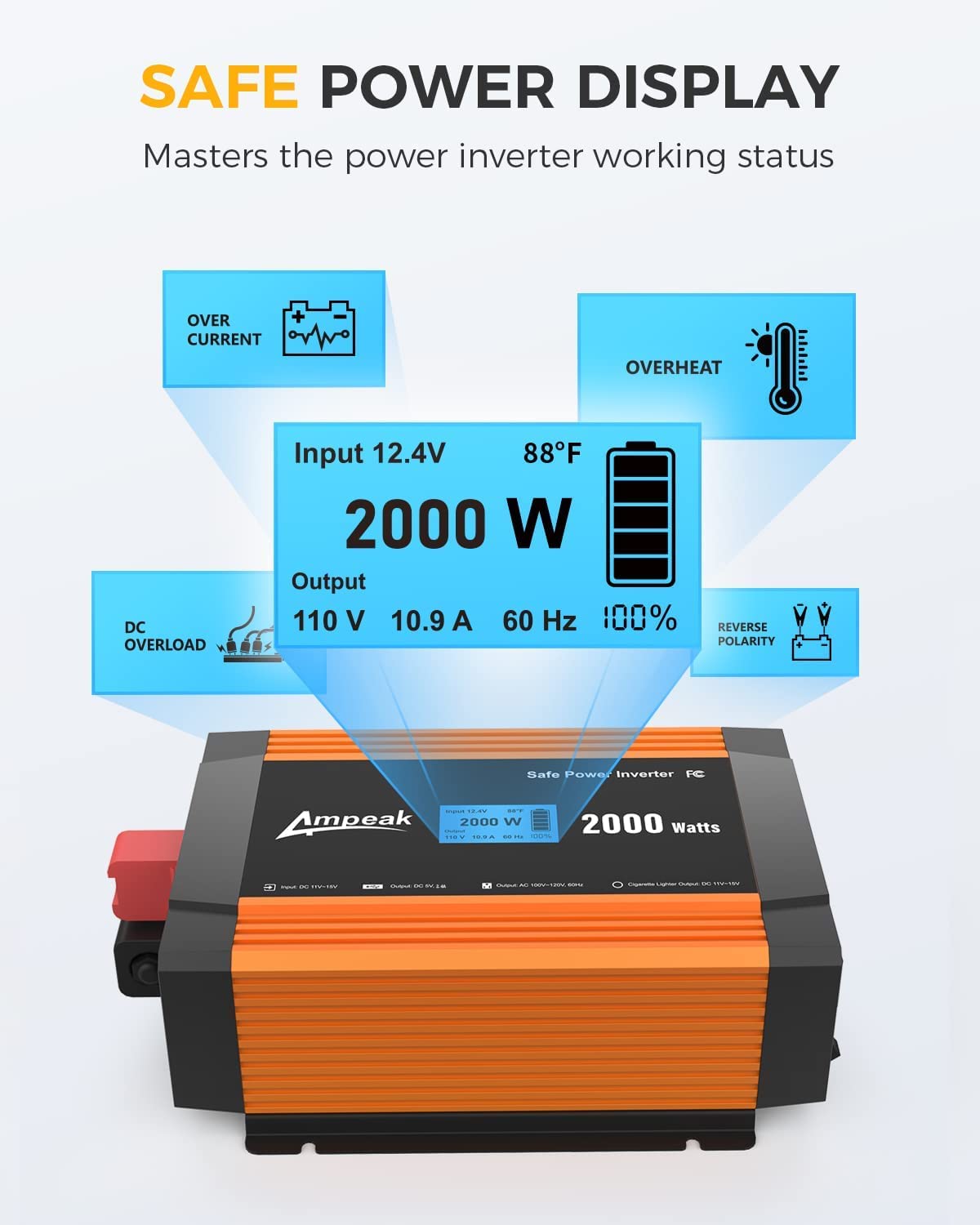 Ampeak 2000W Power Inverter with Remote 3AC Outlets 6.2A USB Ports Inverter DC 12V to AC 110V 17 Protections Inverter for Vehicles