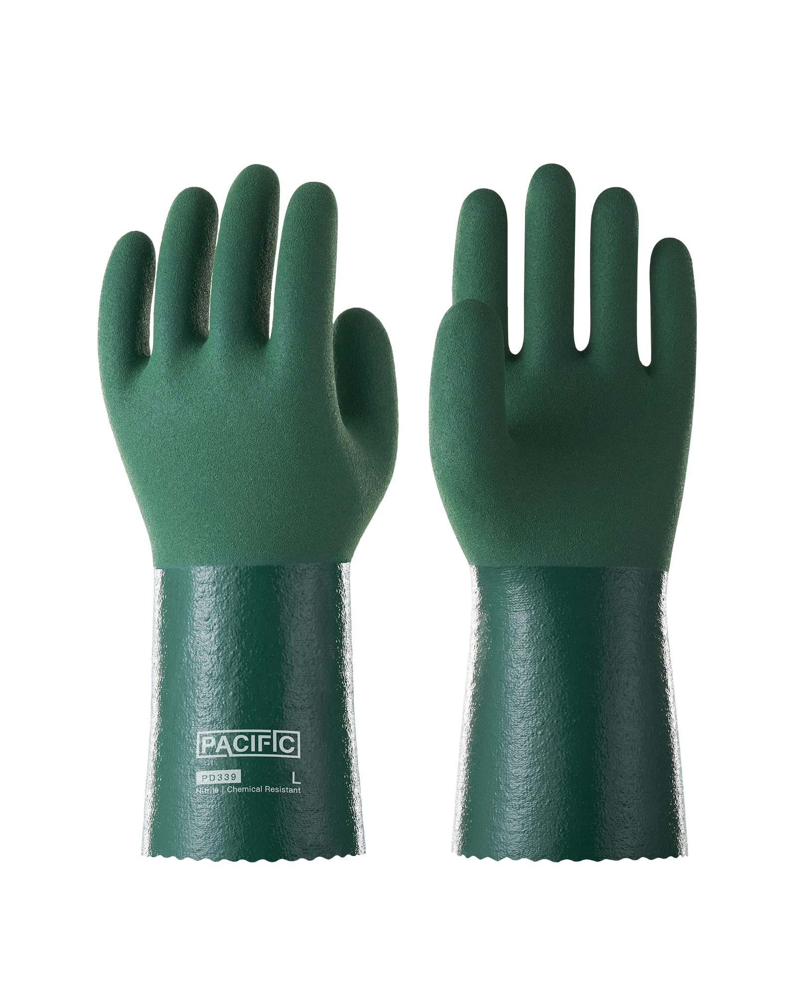 PACIFIC PPE Nitrile Chemical Resistant Gloves, Chemical Gloves, Reusable Heavy Duty Work Gloves, Acid, Alkali and Oil Protection, Non-Slip, Large