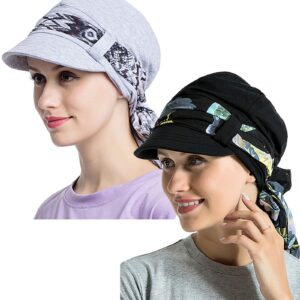 JarseHera Chemo Hats for Women Bamboo Cotton Lined Newsboy Caps with Scarf Double Loop Headwear for Cancer Hair Loss (2 Pair,Black+Light Gray)