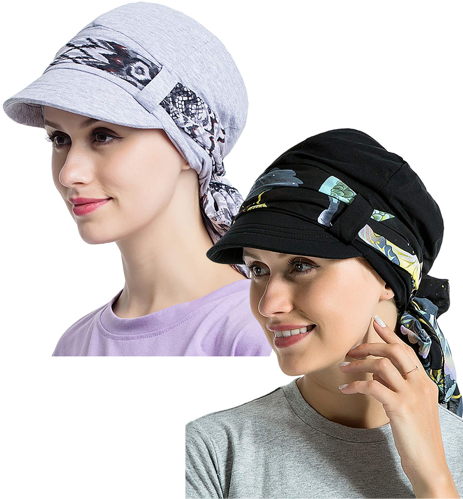 JarseHera Chemo Hats for Women Bamboo Cotton Lined Newsboy Caps with Scarf Double Loop Headwear for Cancer Hair Loss (2 Pair,Black+Light Gray)