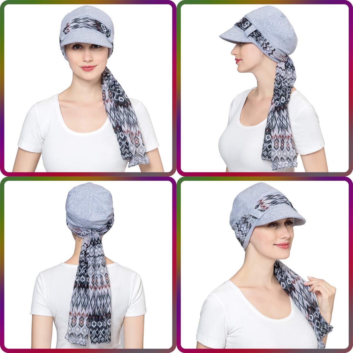 JarseHera Chemo Hats for Women Bamboo Cotton Lined Newsboy Caps with Scarf Double Loop Headwear for Cancer Hair Loss (2 Pair,Black+Light Gray)