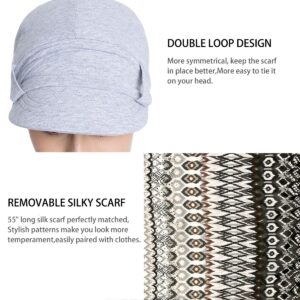 JarseHera Chemo Hats for Women Bamboo Cotton Lined Newsboy Caps with Scarf Double Loop Headwear for Cancer Hair Loss (2 Pair,Black+Light Gray)