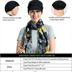 JarseHera Chemo Hats for Women Bamboo Cotton Lined Newsboy Caps with Scarf Double Loop Headwear for Cancer Hair Loss (2 Pair,Black+Light Gray)