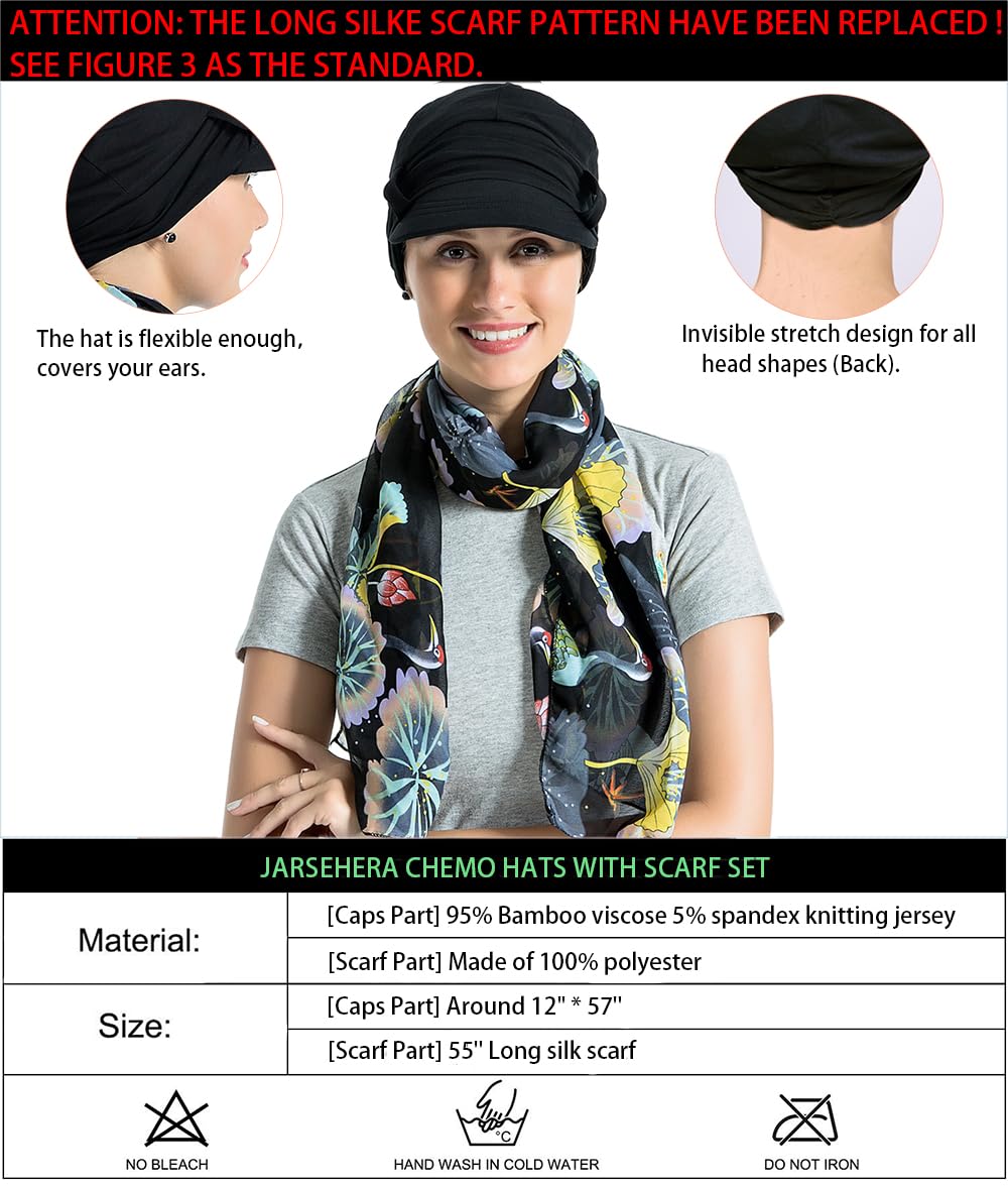 JarseHera Chemo Hats for Women Bamboo Cotton Lined Newsboy Caps with Scarf Double Loop Headwear for Cancer Hair Loss (2 Pair,Black+Light Gray)