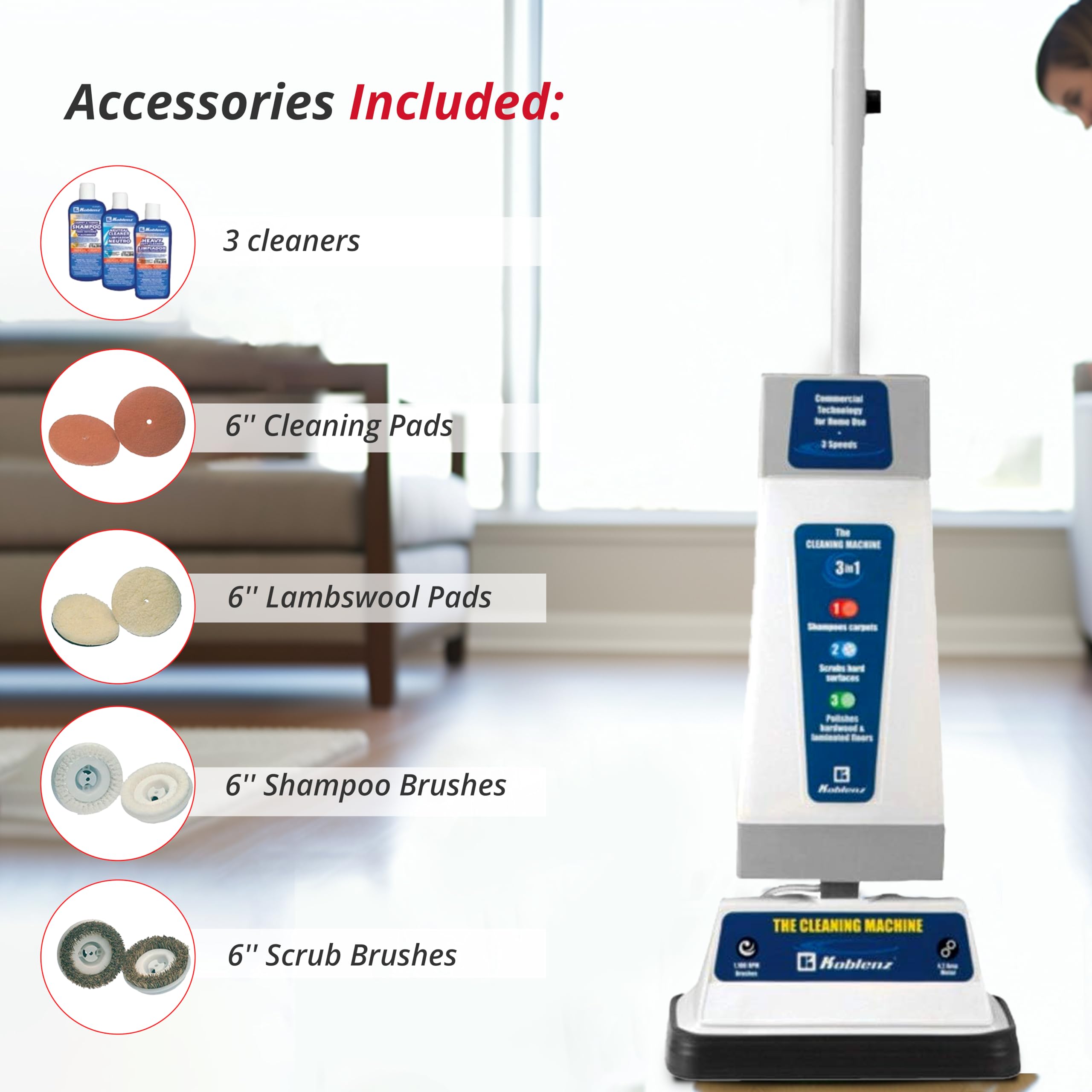 Koblenz Shampooer and Polisher, Floor Shampooer and Polisher, Hard Floor Cleaner, Carpet Cleaning Machine with Scrubbing Brushes, Polishing Pads, and Carpet Shampoo, 3 Speeds, Blue/Gray (P-820 BA)