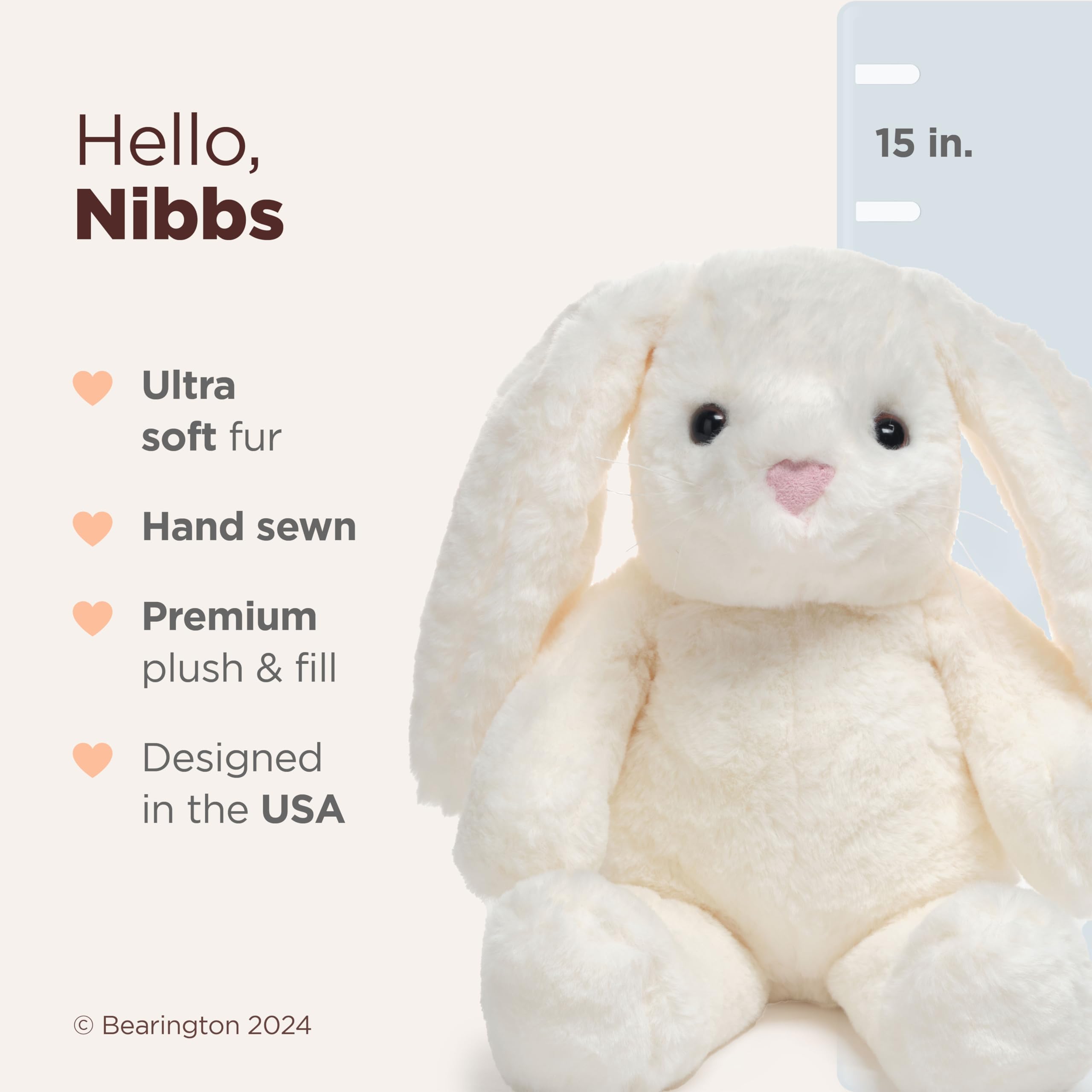 Bearington Nibbs The Stuffed Rabbit Plush, 15 Inch White Bunny Stuffed Animal, White Easter Bunny