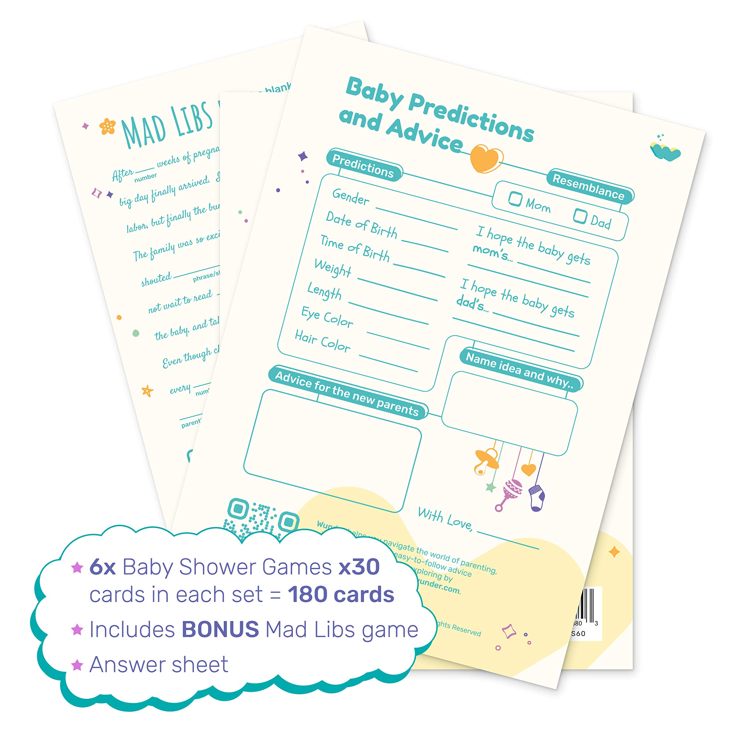 Wunder - Baby Shower Game Set with 6 Games, 30 Card Packs and Variety of Fun Activities, Mommy or Daddy, Predictions & Advice, Trivia, Word Search, Find Guest, Emoji & Bonus Mad Lib