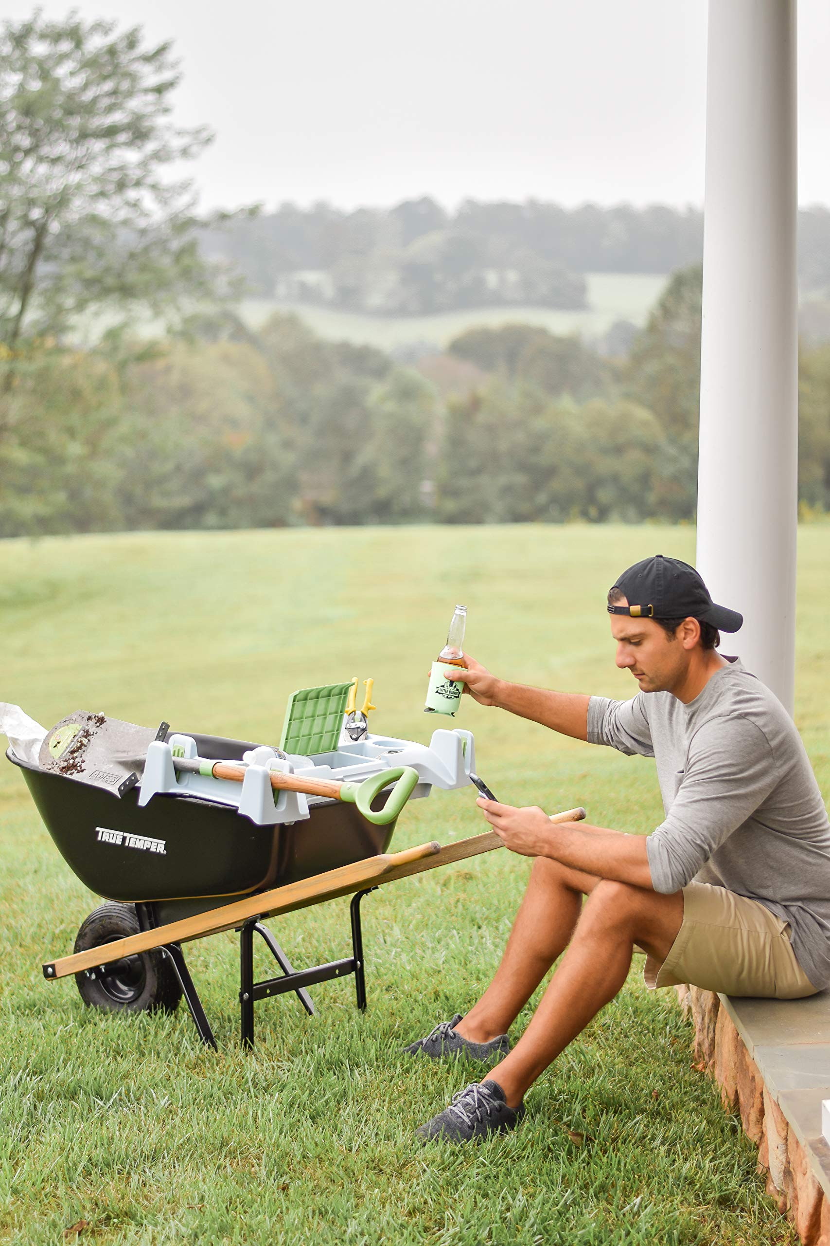 The Burro Buddy, USA Made Lawn/Garden Tray for All 4-6 cu. ft. wheelbarrows. Holds rake, Shovel, Short Handle Tools, Drinks & Water Tight Storage for Phone. Wheelbarrow not Included. Great Gift!