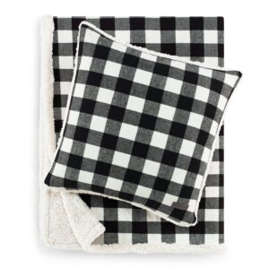 eddie bauer throw blanket with pillow reversible flannel/sherpa bedding, buffalo plaid home decor for all seasons, 2 piece set, black/white check