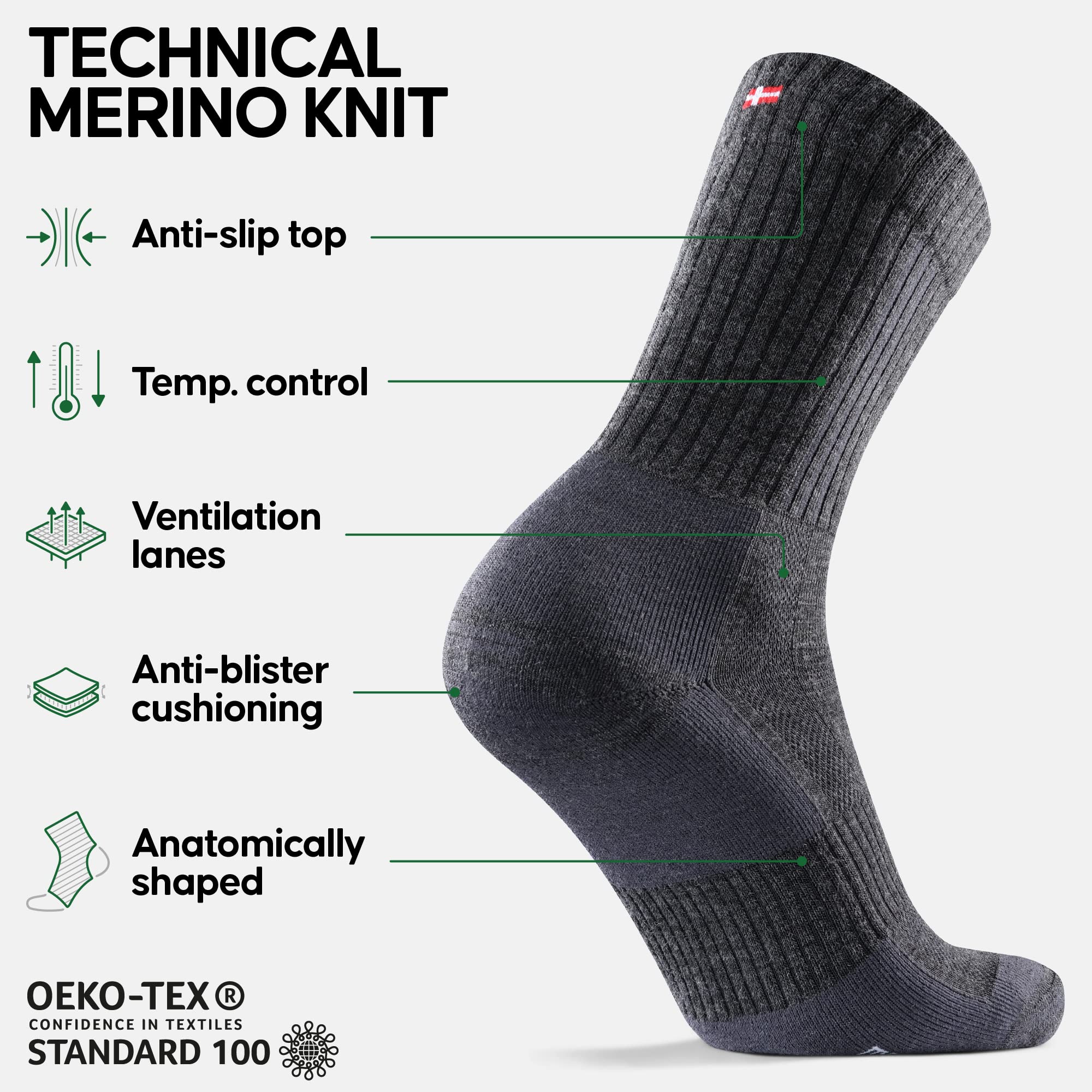 DANISH ENURANCE Premium Outdoor Hiking Socks, Merino Wool, Men & Women, 2 Pack, Multicolor (1 x navy, 1 x grey), US Women 11-13 // US Men 9.5-12.5