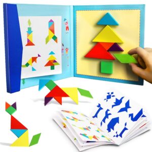 beestech wooden tangram puzzle book, travel games for kids in car, plane or take out for restaurant, educational learning puzzles toys, on the go toys for kids, boys, girls 3,4,5,6,7,8 years old