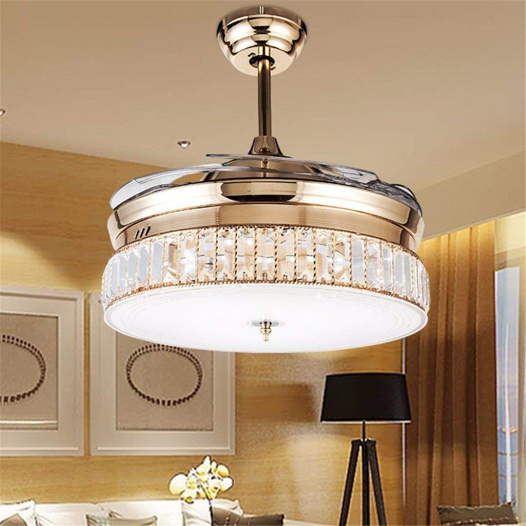 MORE CHANGE Crystal Ceiling Fan with 4 Retractable Blade, Chandelier Ceiling Fan with Lights and Remote, Chandelier ceiling fan for Living Room/Bedroom (36 inch Rose Gold)