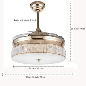 MORE CHANGE Crystal Ceiling Fan with 4 Retractable Blade, Chandelier Ceiling Fan with Lights and Remote, Chandelier ceiling fan for Living Room/Bedroom (36 inch Rose Gold)