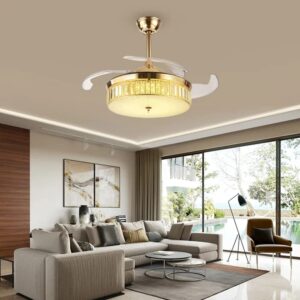 MORE CHANGE Crystal Ceiling Fan with 4 Retractable Blade, Chandelier Ceiling Fan with Lights and Remote, Chandelier ceiling fan for Living Room/Bedroom (36 inch Rose Gold)