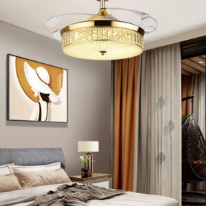 MORE CHANGE Crystal Ceiling Fan with 4 Retractable Blade, Chandelier Ceiling Fan with Lights and Remote, Chandelier ceiling fan for Living Room/Bedroom (36 inch Rose Gold)