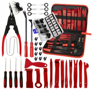 byniiur trim removal tool, fastener remover tool kit automotive interior plastic pry kit, car door panel tool radio auto clip pliers removal tool kit, red