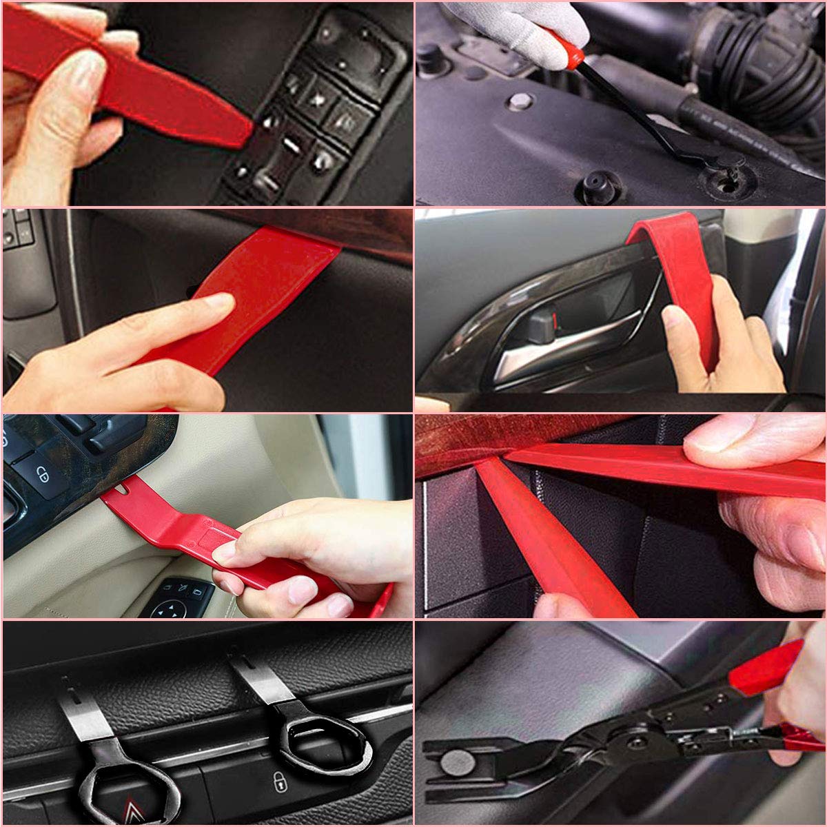 BYNIIUR Trim Removal Tool, Fastener Remover Tool Kit Automotive Interior Plastic Pry Kit, Car Door Panel Tool Radio Auto Clip Pliers Removal Tool Kit, Red