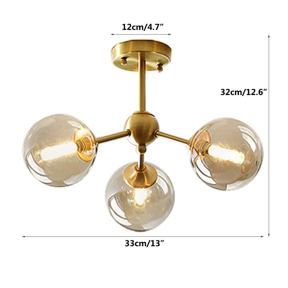 KCO Lighting Glass Globe Sputnik Chandelier 3-Light Brass Gold Close to Ceiling Light Mid Century Flush Mount Ceiling Light for Kitchen Island Bedroom Bathroom (3-Lights)