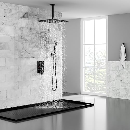 SR SUN RISE 16 Inches Matte Black Shower Set System Bathroom Luxury Rain Mixer Shower Combo Set Ceiling Mounted Rainfall Shower Head Faucet (Contain Shower Faucet Rough-In Valve Body and Trim)