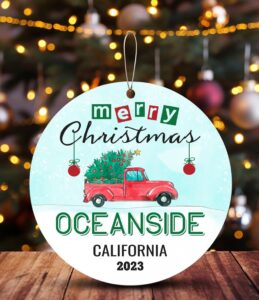 christmas ornament oceanside california ornaments tree 2023 xmas decorations red car gift rustic holiday party unique home deco long distance gift mdf plastic 3" white