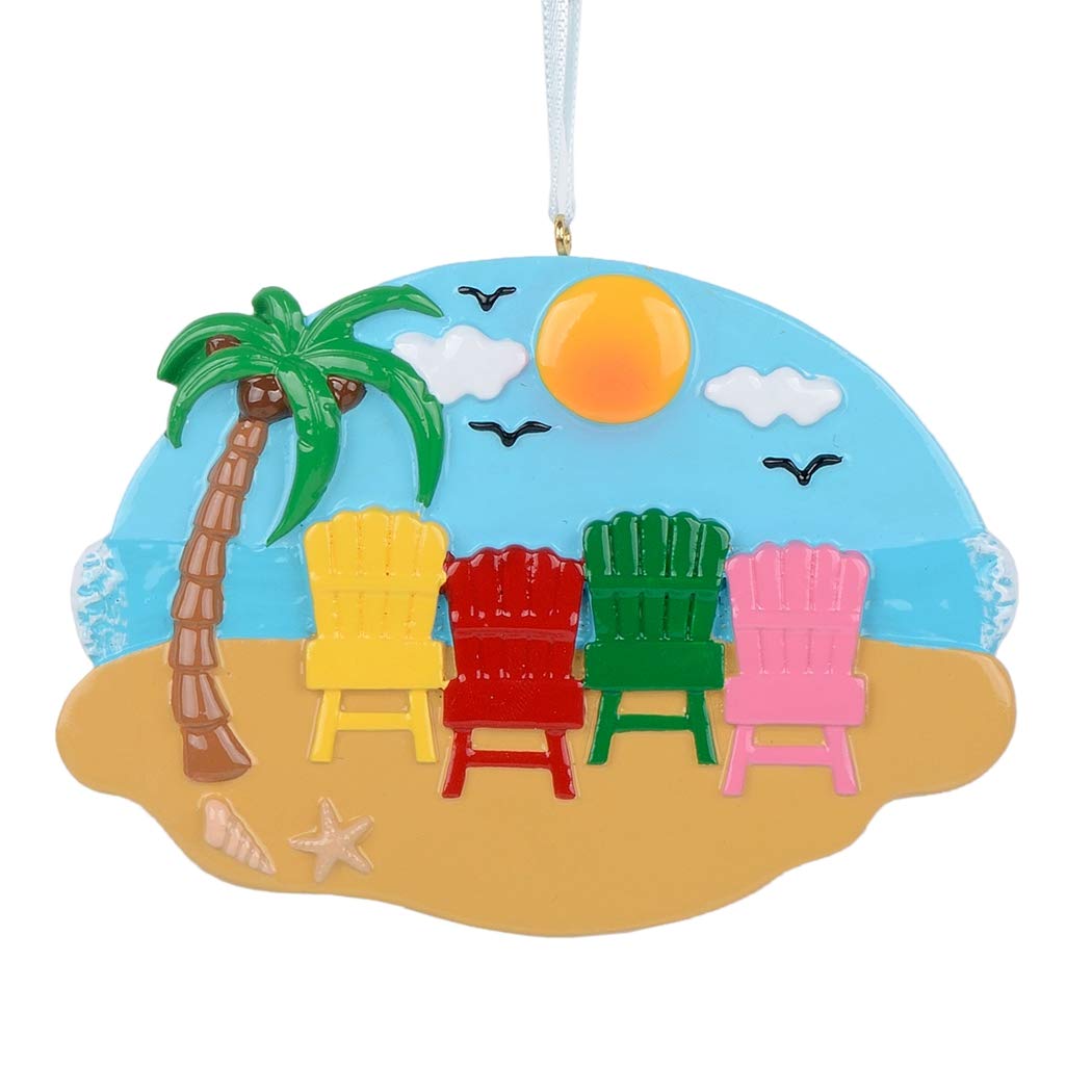 Family Christmas Ornament 2024 - Personalized Family of 4 Beach Vacation Ornament - Chairs on Beach Holiday Ornament - Family Tropical Beach Vacation Keepsake Gifts - Free Customization