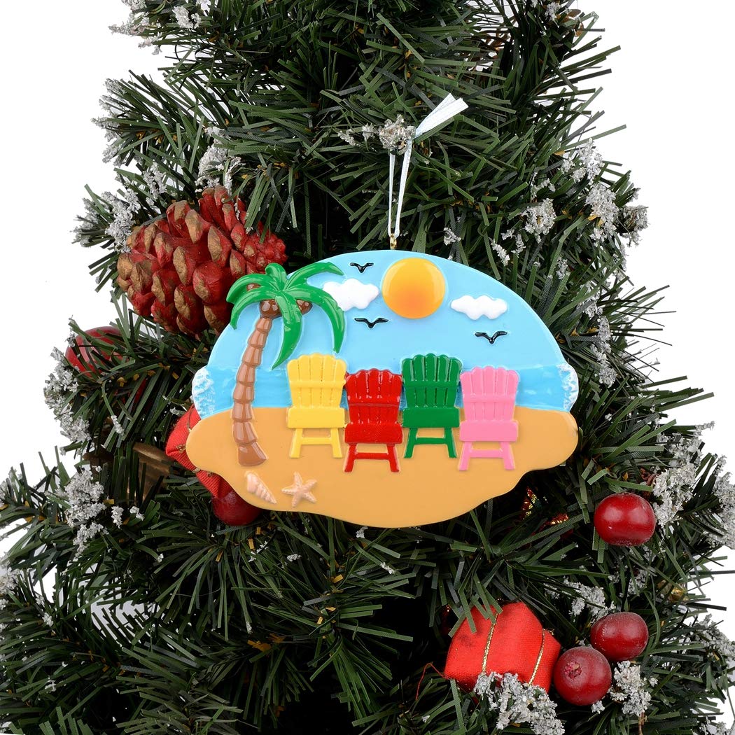 Family Christmas Ornament 2024 - Personalized Family of 4 Beach Vacation Ornament - Chairs on Beach Holiday Ornament - Family Tropical Beach Vacation Keepsake Gifts - Free Customization