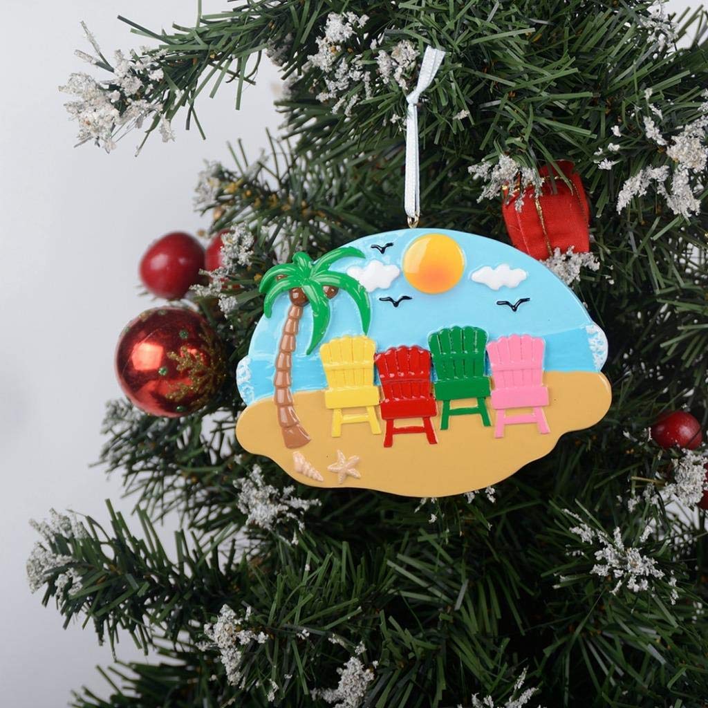 Family Christmas Ornament 2024 - Personalized Family of 4 Beach Vacation Ornament - Chairs on Beach Holiday Ornament - Family Tropical Beach Vacation Keepsake Gifts - Free Customization