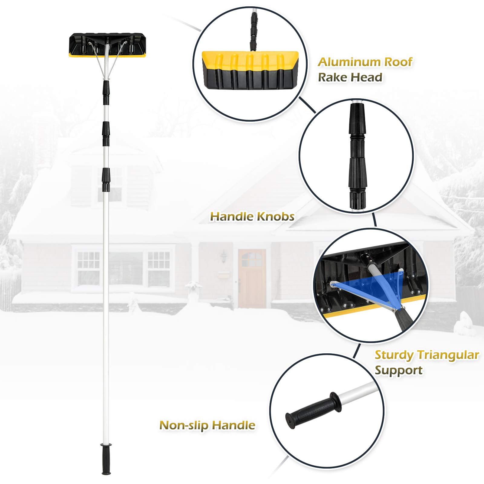 GYMAX Snow Roof Rake, 21ft Telescoping Aluminum Snow Rake for House Roof, Scratch-Free Snow Roof Shovel with Large Blade & Twist-N-Lock Handle for Roof Car Snow/Leaves/Debris Removal (Black+Yellow)