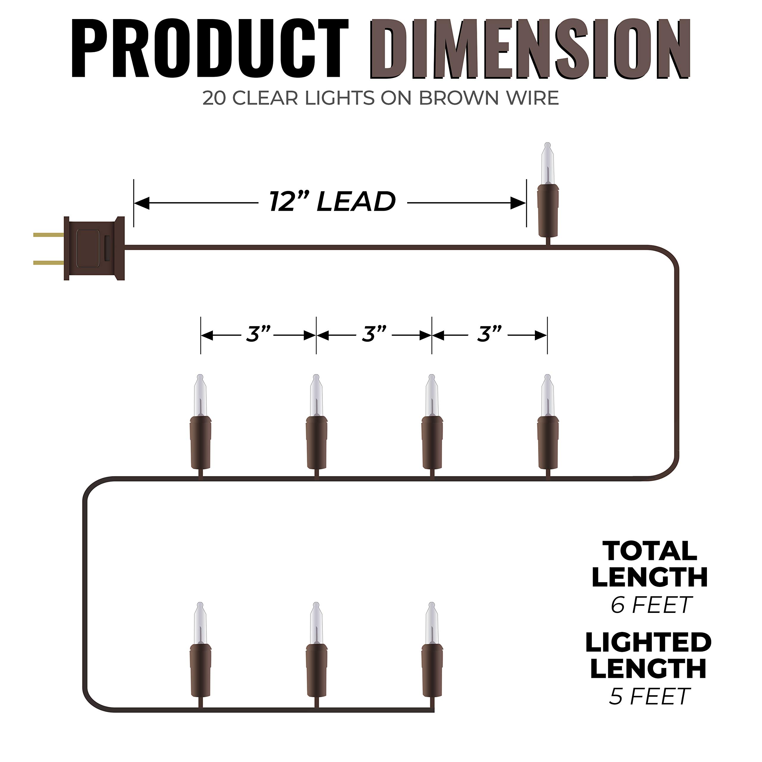 612 Vermont 20 Clear Mini Christmas String Lights on Brown Wire Cord, UL Approved for Indoor Use Only, 5 Foot of Lighted Length, 6 Foot of Total Length