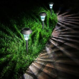 enchanted spaces gray solar path light, set of 6, with glass lens, metal ground stake, and extra-bright led for garden, lawn, patio, yard, walkway, driveway