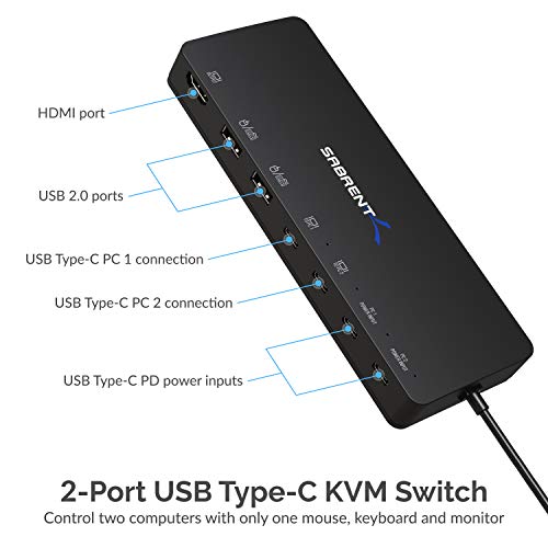 SABRENT KVM Switch, USB-C, 1-PC to 1-Display with 60 Watt Power Delivery (USB-KCPD)