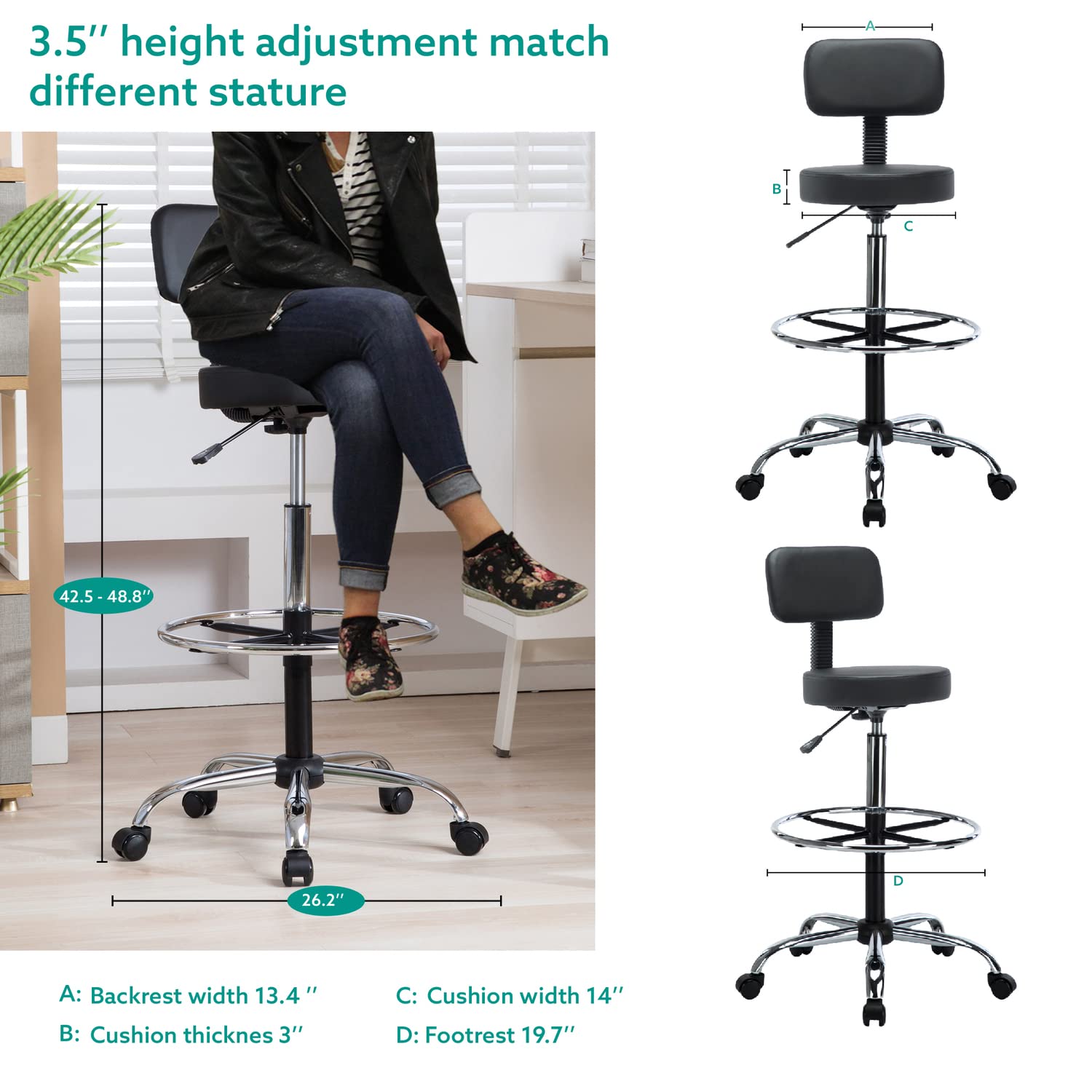 Elevate Your Workspace with Venus Adjustable Drafting Stool with Footrest - Premium Leather, Adjustable Height, Backrest, Rolling Wheels, Perfect for Artists, Designers, and Efficient Workstations