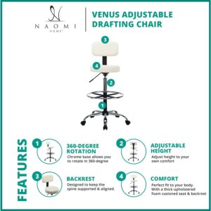 Elevate Your Workspace with Venus Adjustable Drafting Stool with Footrest - Premium Leather, Adjustable Height, Backrest, Rolling Wheels, Perfect for Artists, Designers, and Efficient Workstations