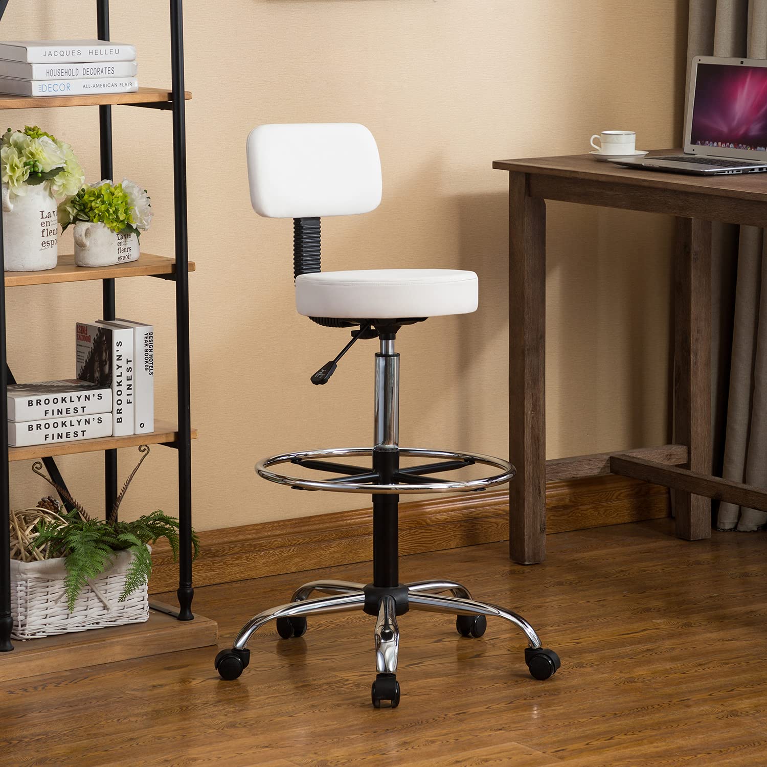 Elevate Your Workspace with Venus Adjustable Drafting Stool with Footrest - Premium Leather, Adjustable Height, Backrest, Rolling Wheels, Perfect for Artists, Designers, and Efficient Workstations