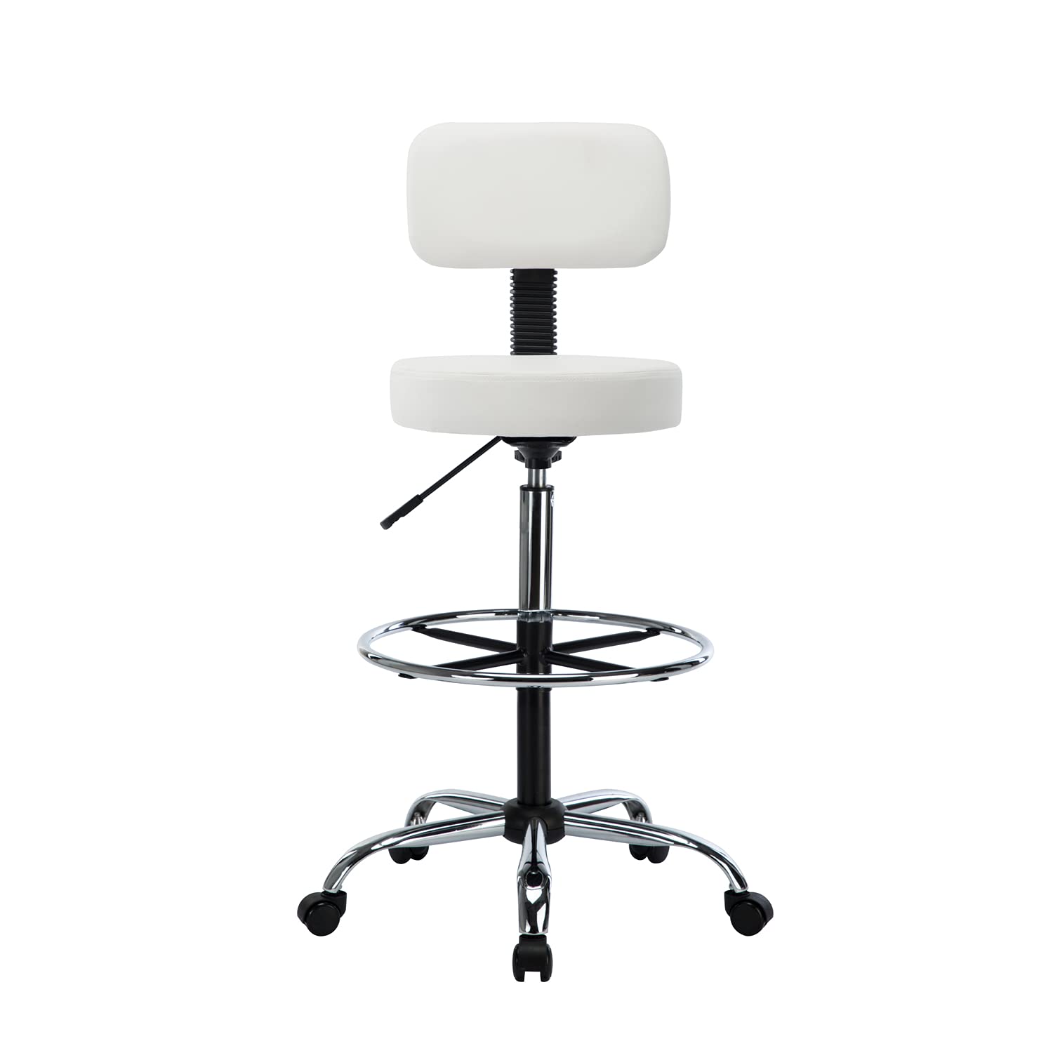 Elevate Your Workspace with Venus Adjustable Drafting Stool with Footrest - Premium Leather, Adjustable Height, Backrest, Rolling Wheels, Perfect for Artists, Designers, and Efficient Workstations