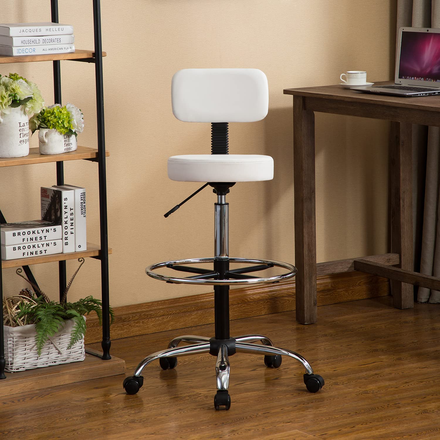 Elevate Your Workspace with Venus Adjustable Drafting Stool with Footrest - Premium Leather, Adjustable Height, Backrest, Rolling Wheels, Perfect for Artists, Designers, and Efficient Workstations