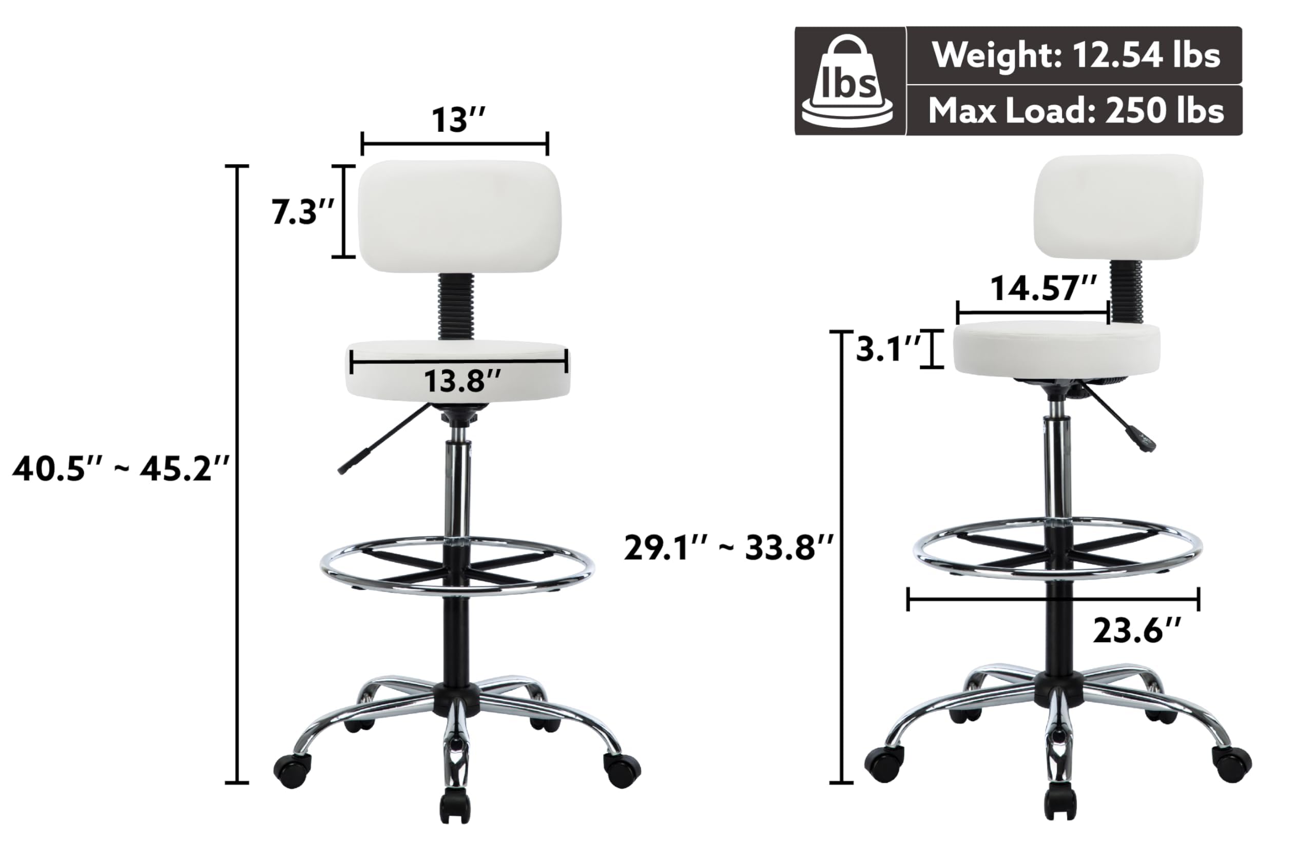 Elevate Your Workspace with Venus Adjustable Drafting Stool with Footrest - Premium Leather, Adjustable Height, Backrest, Rolling Wheels, Perfect for Artists, Designers, and Efficient Workstations