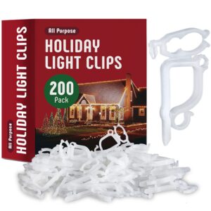 all-purpose holiday light clips [set of 200] christmas light clips, outdoor light clips - mount to shingles & gutters - works with mini, c6, c7, c9, rope, icicle lights - no tools required - usa made