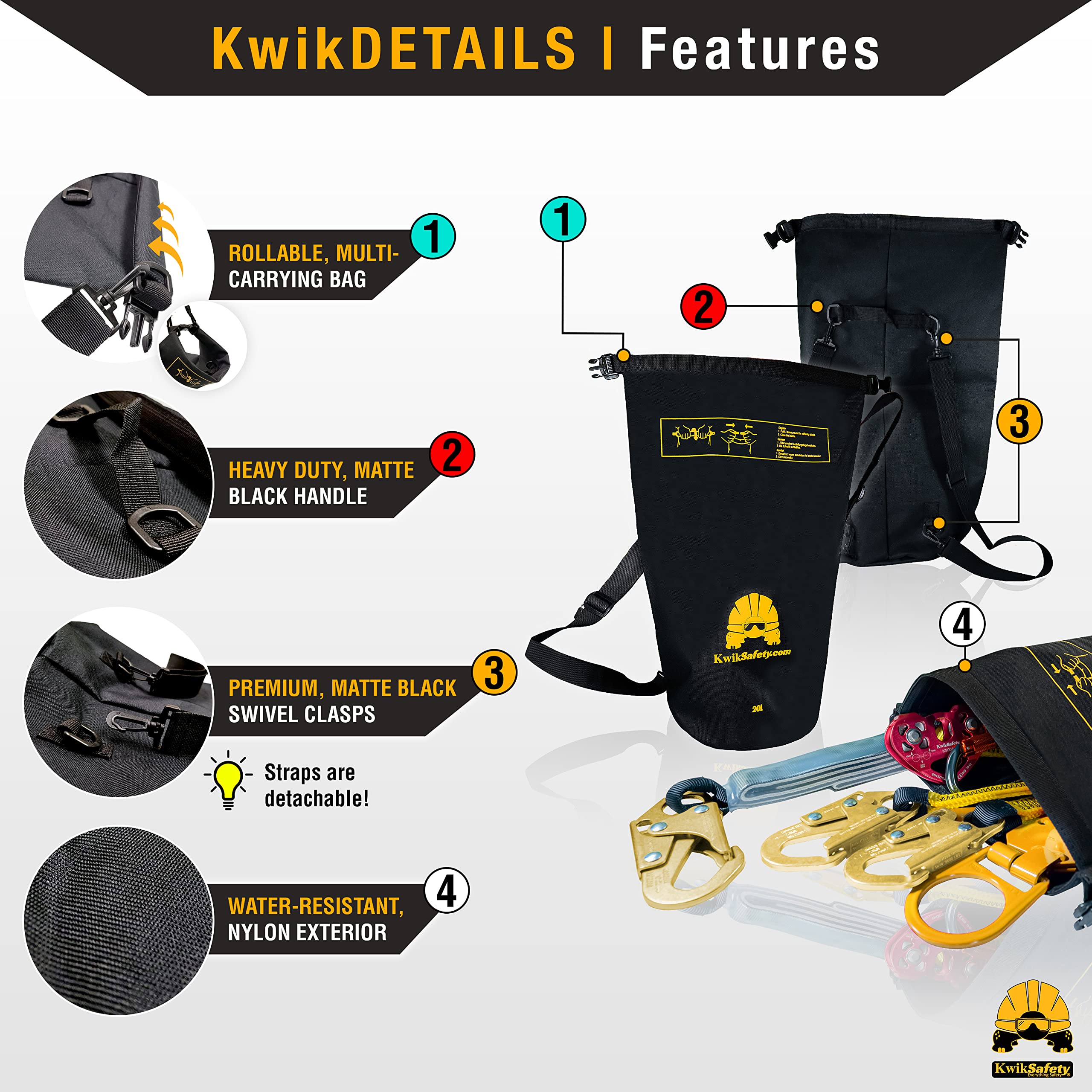 KwikSafety - Charlotte, NC - TSUNAMI KIT [Premium BRAIDED ROPE] Vertical Lifeline, 1D Ring Safety Harness, Lightweight Tool Lanyard, Roof Anchor, 20L Dry Bag ANSI OSHA Fall Arrest System / 100 FT.