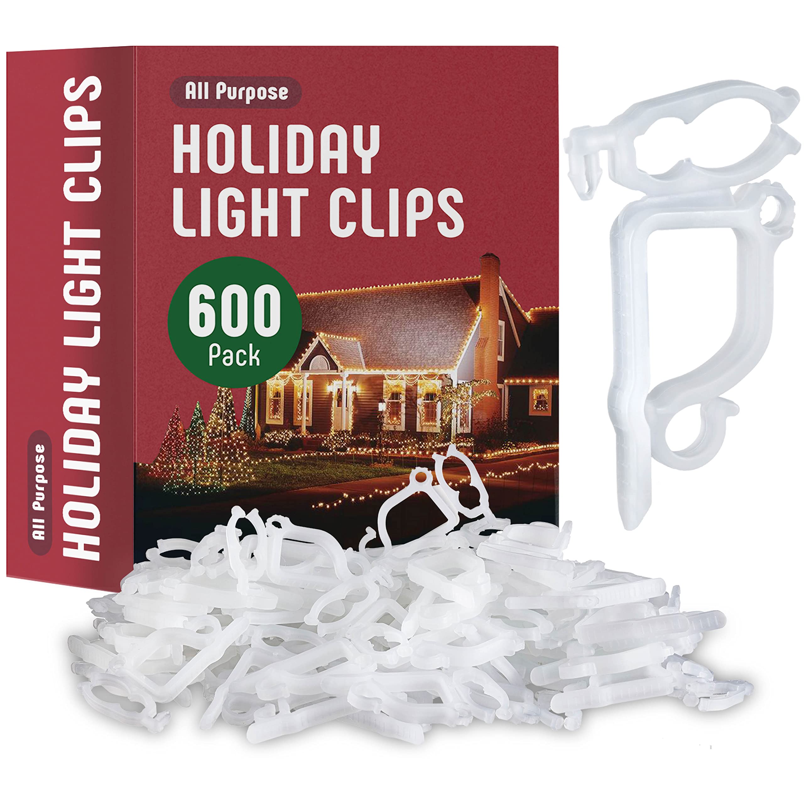 SEWANTA All-Purpose Light Clips Holder - Set of 600 Christmas Light Hooks - Mount Holiday Lights to Shingles and gutters - Works with Rope, Mini, c-7-6-9, Icicle Lights - USA Made - No Tools Required