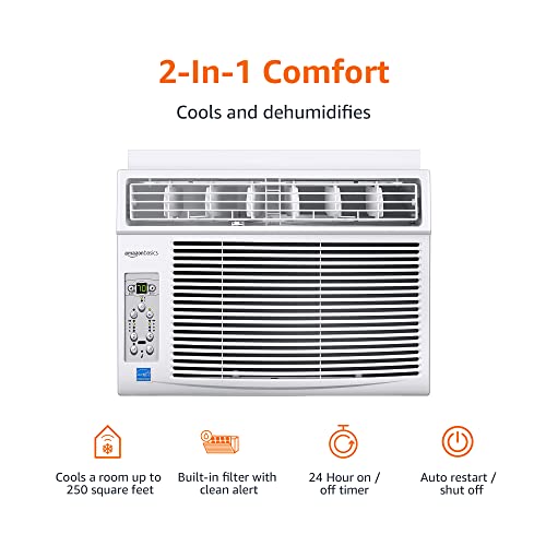 Amazon Basics Window Mounted Air Conditioner with Remote Cools 250 Square Feet, 6000 BTU, White