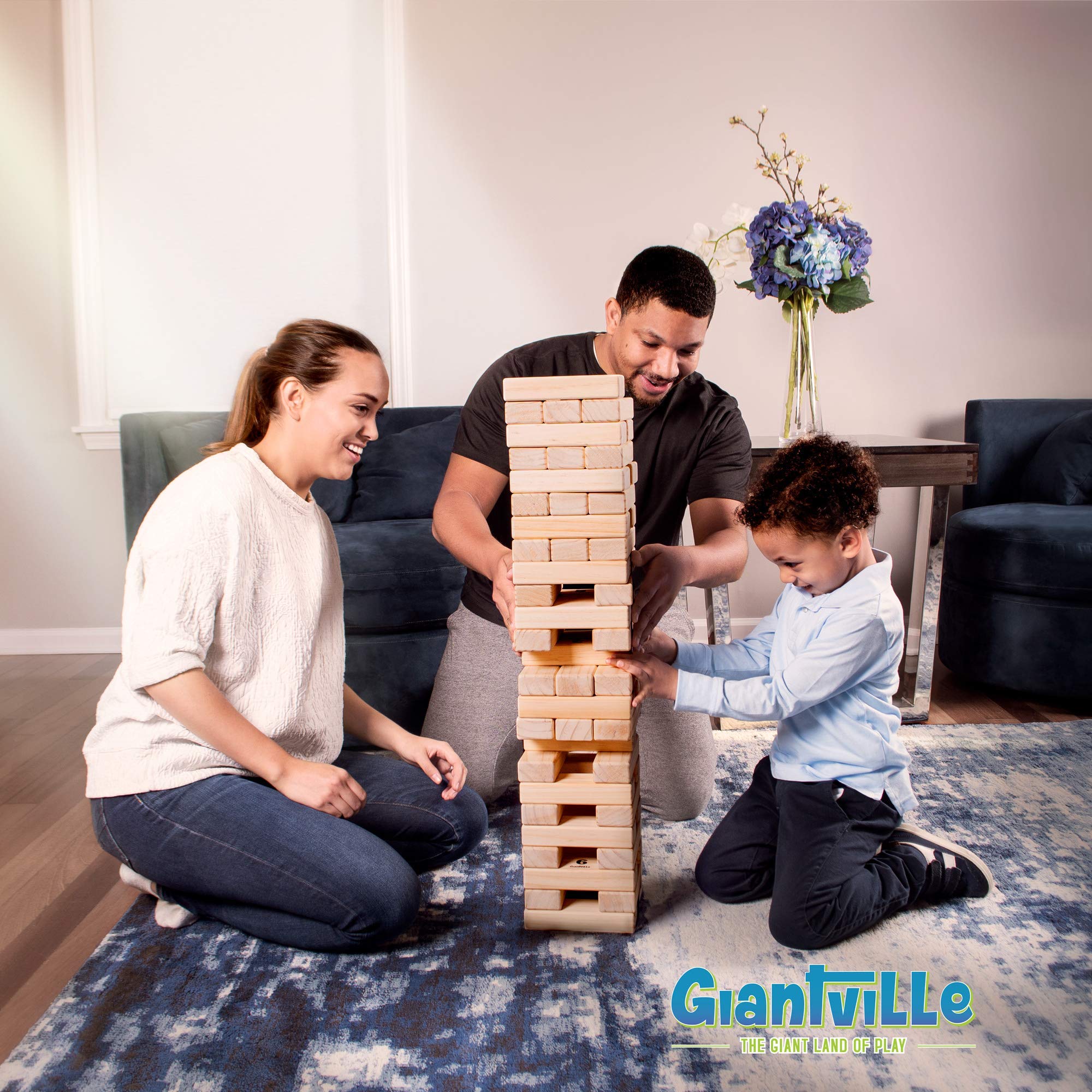 Giantville Giant Tumbling Timber Toy - Premium Pine Wood Life-Size Blocks Tower - Big Floor/Board Indoor/Outdoor Yard Game for Kids & Adults - 56-Pieces + Carry/Storage Bag - Grows to Over 4-Feet